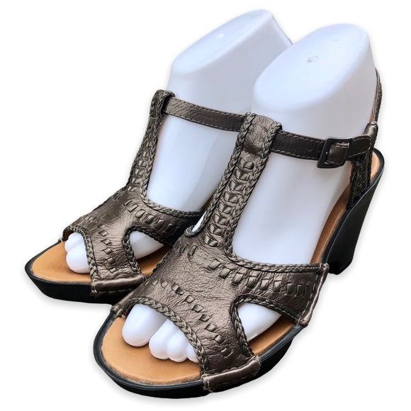Clarks | Shoes | Clarks Metallic Taupe Sandals Wedge Heel T Strap Sling ...